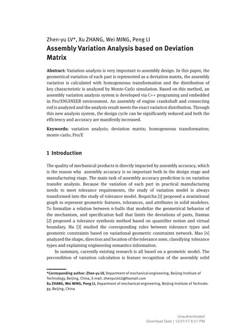 Pdf Assembly Variation Analysis Based On Deviation Matrix Selected Papers From Csma2016