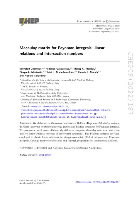 Pdf Macaulay Matrix For Feynman Integrals Linear Relations And Intersection Numbers