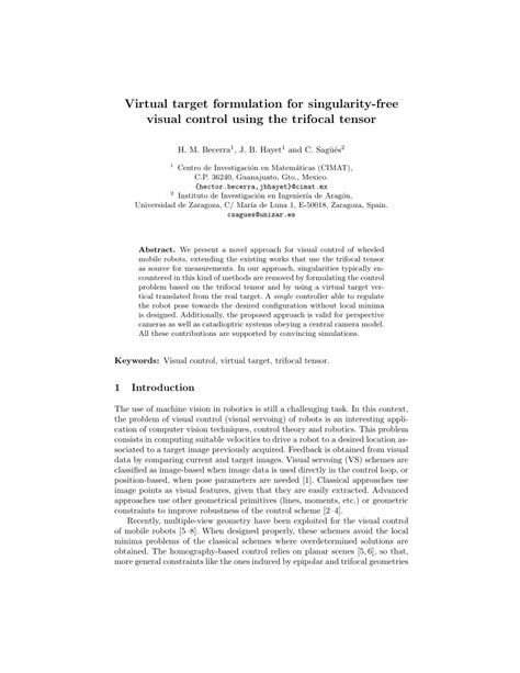 Pdf Virtual Target Formulation For Singularity Free Visual Control