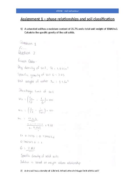 Soil Mechanics Assignment Report 1 Spring Assignment 1 Phase Relationships And Soil Studocu