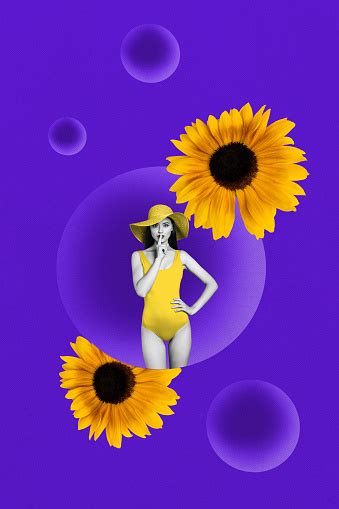 진지한 소녀 쇼 Shh 제스처 착용 모자 수영복 여름 모험 해바라기 꽃의 수직 사진 콜라주 그린 배경에 고립 20 24세에 대한