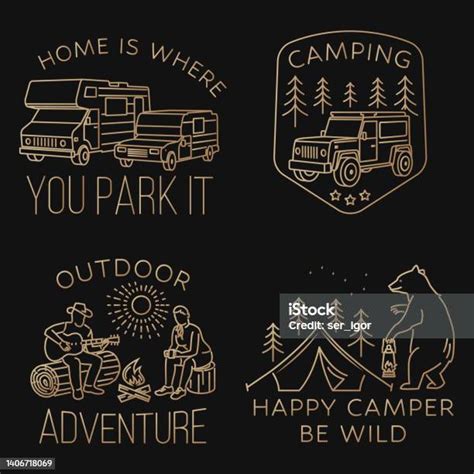 캠핑 배지 패치 세트 캠핑 인용문 벡터 일러스트레이션 셔츠 또는 엠블럼 인쇄 스탬프 또는 티에 대한 개념 빈티지 라인 아트 디자인 3d 캠퍼 밴 캠프 랜턴 기타와 산을 가진