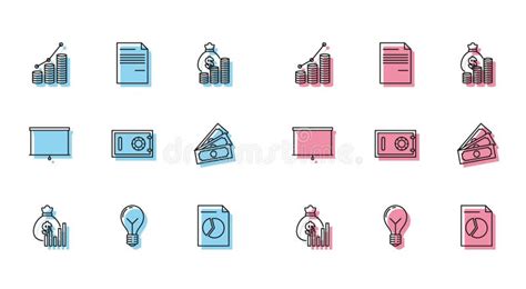 Set Line Money Bag And Diagram Graph Light Bulb With Concept Of Idea Pie Chart Infographic