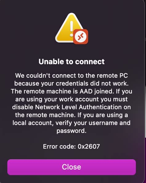 rdp error 0x267 aad joined machine on work account must disable