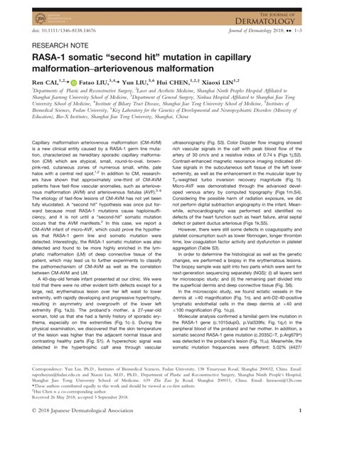 Pdf Rasa 1 Somatic “second Hit” Mutation In Capillary Malformation Arteriovenous Malformation