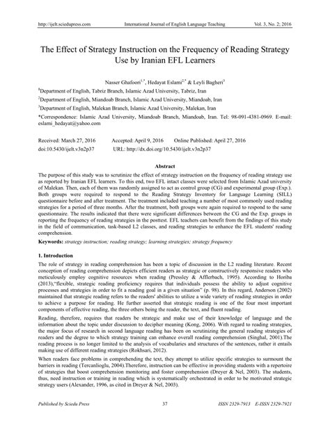 Pdf The Effect Of Strategy Instruction On The Frequency Of Reading Strategy Use By Iranian Efl