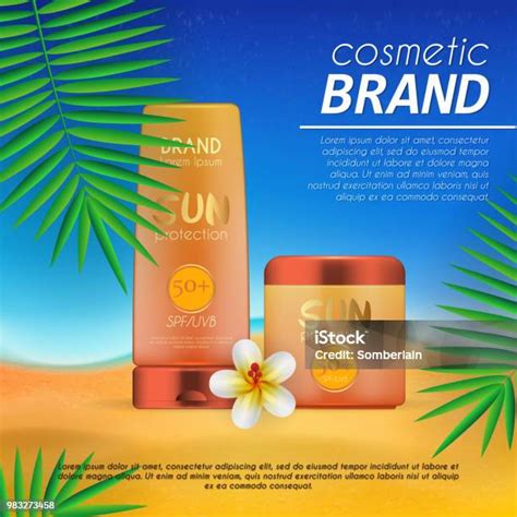 이국적인 야자수와 해변 배경에 여름 선크림 화장품 디자인 서식 파일 나뭇잎 현실적인 태양 보호와 제품 광고입니다 3차원 형태에 대한 스톡 벡터 아트 및 기타 이미지 Istock
