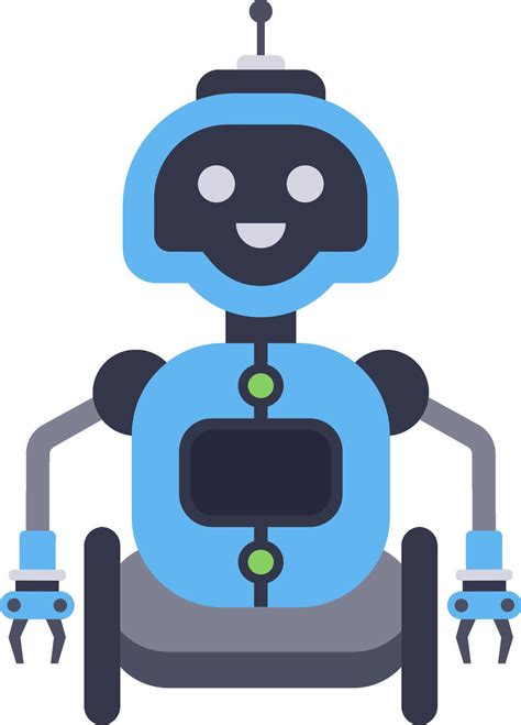 Modern Blue Robot With Wheels Grippers And Antenna Is Smiling Happily Representing Artificial