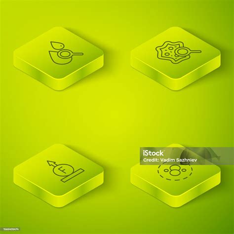 돋보기 물리 공식의 힘 원자 및 낙하 및 돋보기 아이콘 아래에 아이소메트릭 라인 미생물을 설정합니다 벡터 3차원 형태에 대한