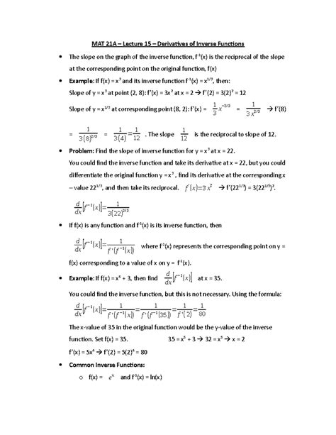Mat 21a Lecture 15 Derivatives Of Inverse Functions Mat 21a