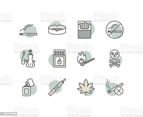 흡연 시가 플랫 라인 아이콘 세트 시가 담배 Vape 탱크 및 담배 웹 사이트 또는 모바일 앱을 위한 간단한 플랫 벡터 일러스트 레이 션 담뱃갑에 대한 스톡 벡터 아트 및