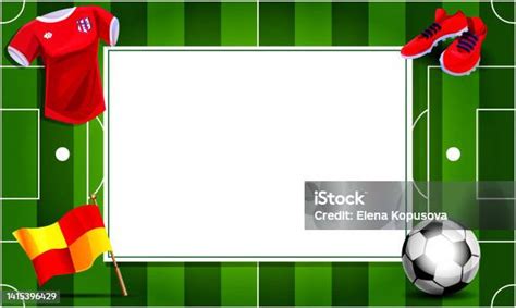 팀 경쟁 스포츠 및 승리의 개념 텍스트를위한 공간이있는 축구 경기장의 배경에 만화 스타일의 스포츠 축구 장비 축구에 대한 스톡 벡터 아트 및 기타 이미지 Istock