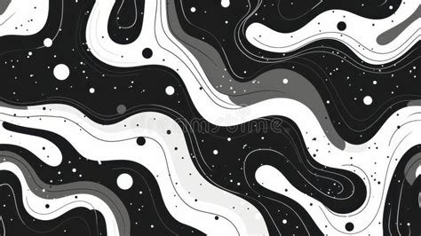 Abstract Black And White Seamless Pattern Featuring Wavy Lines And Dots In A Modern Design Stock