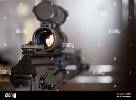 Assault Rifle With Collimator Sight Close Up Selective Focus Modern Weapon Of Military Force