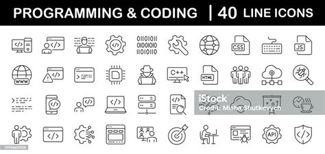 라인 스타일로 웹 아이콘의 코딩 세트를 프로그래밍합니다 웹 및 모바일 앱용 소프트웨어 개발 아이콘입니다 코드 Api 프로그래머 개발자 정보 기술 코더 등 벡터 그림 아이콘에
