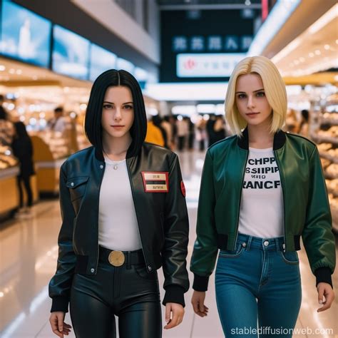 Android 17 And Android 18 In A Shipping Mall Prompts Stable Diffusion