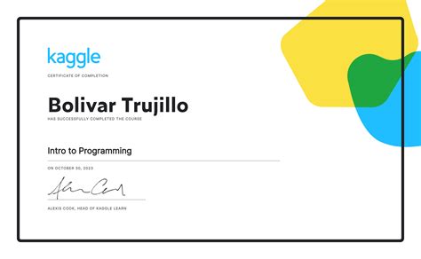 bolivar trujillo completed the intro to programming course on kaggle