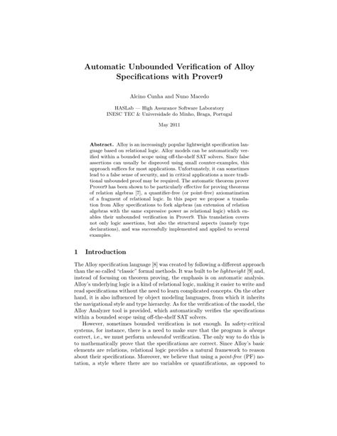 Pdf Automatic Unbounded Verification Of Alloy Specifications With Prover9