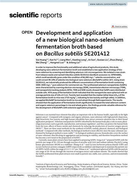 Pdf Development And Application Of A New Biological Nano Selenium Fermentation Broth Based On