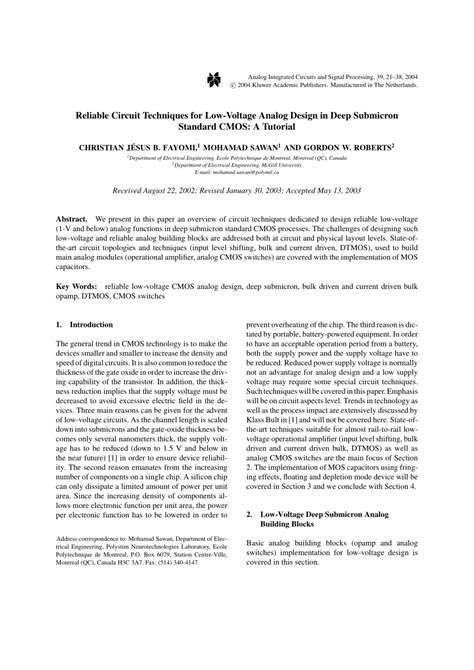 Pdf Reliable Circuit Techniques For Low Voltage Analog Design In Deep Submicron Standard Cmos