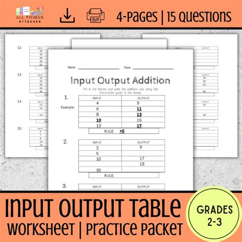 Input Output Table Worksheets 2nd 3rd Grade Addition Rules Number