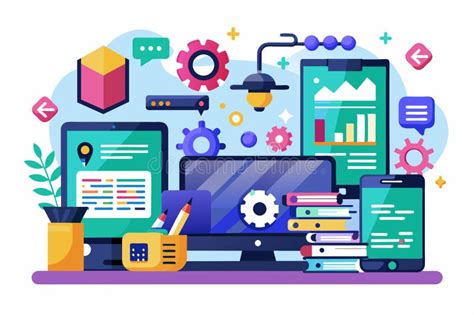 A Vibrant Coding Workshop Setup Showcases Laptops Charts Books And Creative Tools Inviting