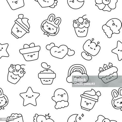 만화 귀여운 행복한 카와이 캐릭터 원활한 패턴 색칠 공부 페이지 생활방식 손으로 그린 스타일입니다 벡터 그리기 장식품을 디자인하십시오 가공의 인물에 대한 스톡 벡터 아트 및