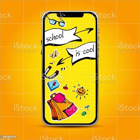학교로 돌아가기 중립적 인 색상의 배경에 화면과 프리 핸드 드로잉휴대 전화 크리에이티브 포스터 또는 배너 0명에 대한 스톡 벡터 아트 및 기타 이미지 Istock
