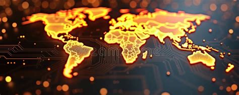 Global Network Visualized On Circuit Board World Map Glows With Orange Light Complex Tech