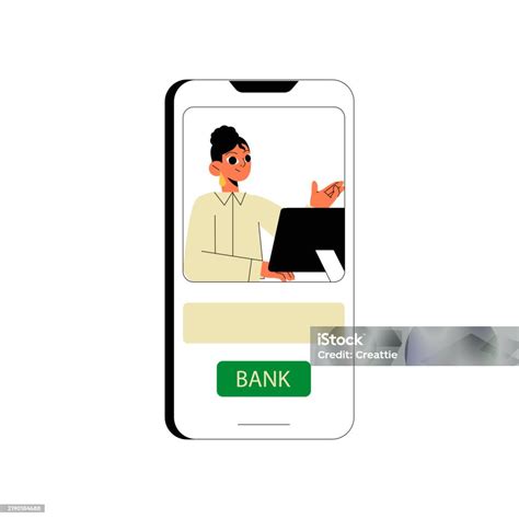 여성 은행 컨설턴트 스마트 폰 화면에 평면 벡터 일러스트 레이 션 상징 하는 모바일 뱅킹 및 디지털 금융 서비스 흰색 배경에 고립 Brand Name Smart Phone에
