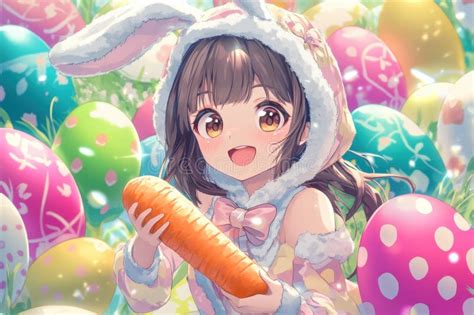Anime Girl In Bunny Costume Holding Carrot Surrounded By Easter Eggs
