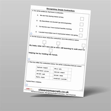 Year 2 Recognising Simple Contractions Homework Resource Classroom Secrets