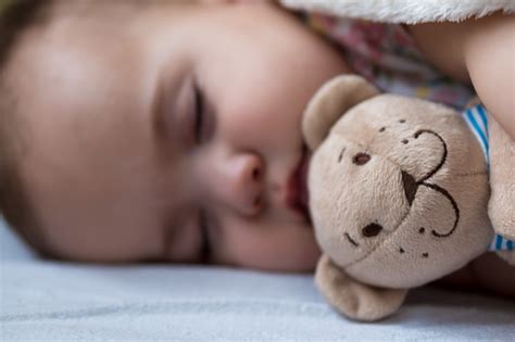 어린 시절 관리 모성 건강 개념 닫기 작은 평화 진정 유아 유아 아기 소녀 수면 휴식 깊은 낮잠 누워 포옹 테디 베어 장난감에 큰 침대에 가까운 눈을 가진 귀여운에 대한