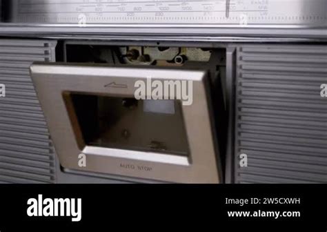 Open Cassette Deck Of Old Tape Recorder Insert 90s Cassette Close