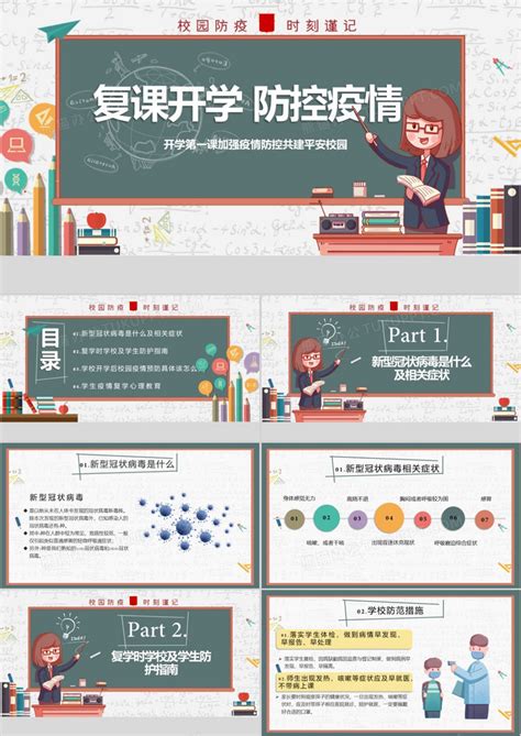 卡通复课开学安全防疫开学第一课校园防疫教育认识新冠肺炎主题班会ppt模板下载熊猫办公
