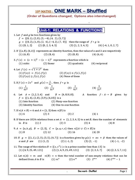Namma Kalvi 10th Maths Book Back 1 Mark Questions With Answers Em