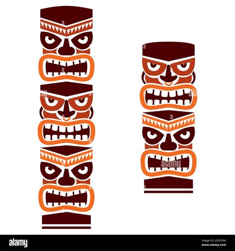 Tiki Pole Totem Set Vector Tribal Design In Brown Traditional Statue