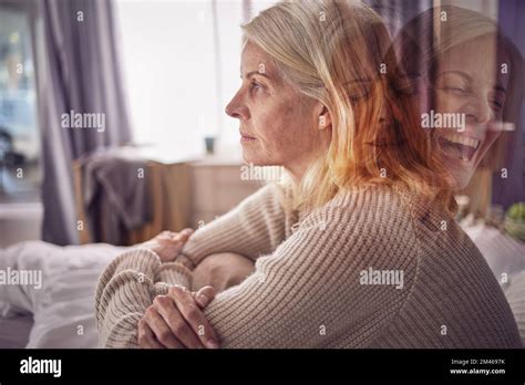 depression psychology and bipolar woman on sofa with split personality