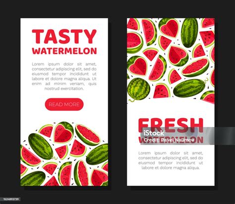 육즙이 많은 붉은 과일 벡터 템플릿으로 신선한 수박 배너 디자인 건강한 식생활에 대한 스톡 벡터 아트 및 기타 이미지 건강한