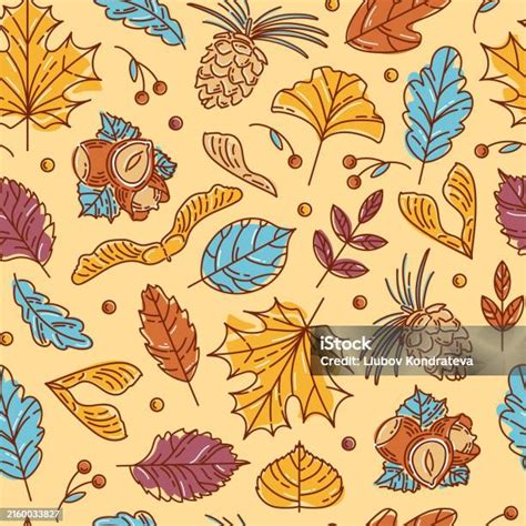 가을 잎 견과류 및 씨앗의 완벽 한 패턴입니다 단풍나무와 마가목 은행나무 Biloba Codiaeum 라일락 린든과 참나무 느릅나무와 포플러 도토리 삼나무 콘 헤이즐넛 단풍