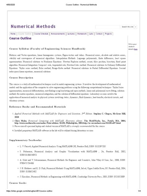 Course Outline Numerical Methods Pdf Numerical Analysis Ordinary Differential Equation