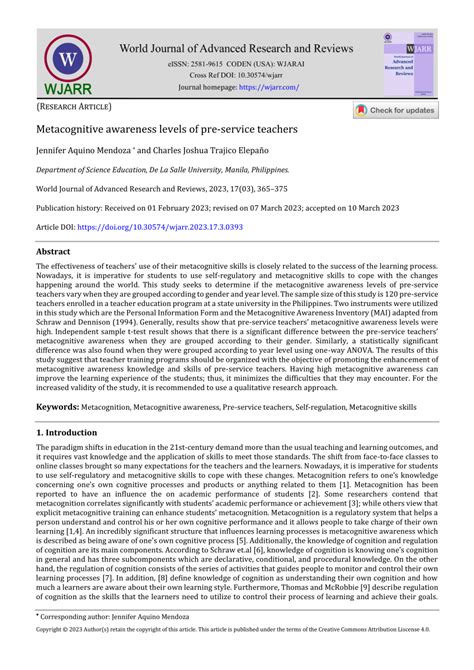 Pdf Metacognitive Awareness Levels Of Pre Service Teachers Under The Obtec Program