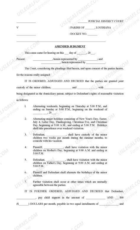 Louisiana Amended Judgment Of Custody Visitation Restraining Orders