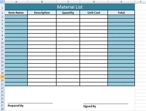 Printable Material List Template