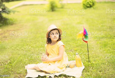 공원 초원에서 즐거운 모자를 쓴 귀여운 행복한 어린 소녀 담요에 앉아있는 아이 자연에서의 피크닉 가정 생활에 대한 스톡 사진 및