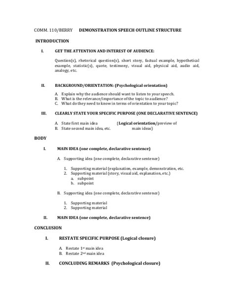 Demonstration Speech Outline Structure Download Printable Pdf