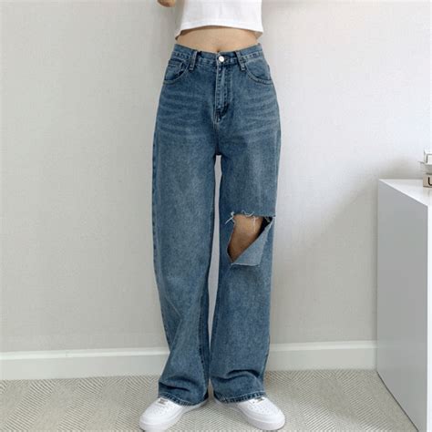 유니크찢청 진청 하이웨스트 롱 와이드 찢청 데님팬츠 에이블리
