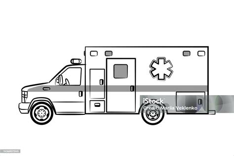 구급차의 손으로 그린 선화 흰색 배경에 격리된 의료 밴 템플릿입니다 윤곽선 차량 측면도 현대 평면 벡터 그림입니다 구급차에 대한 스톡 벡터 아트 및 기타 이미지 Istock