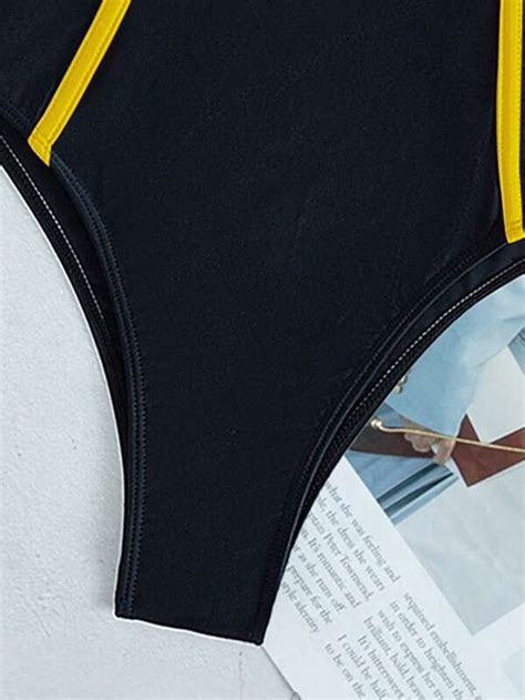 Contrast Binding Zipper Front One Piece Swimsuit Shein Usa