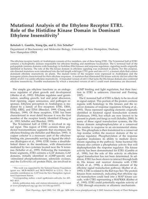 Pdf Mutational Analysis Of The Ethylene Receptor Etr1 Role Of The